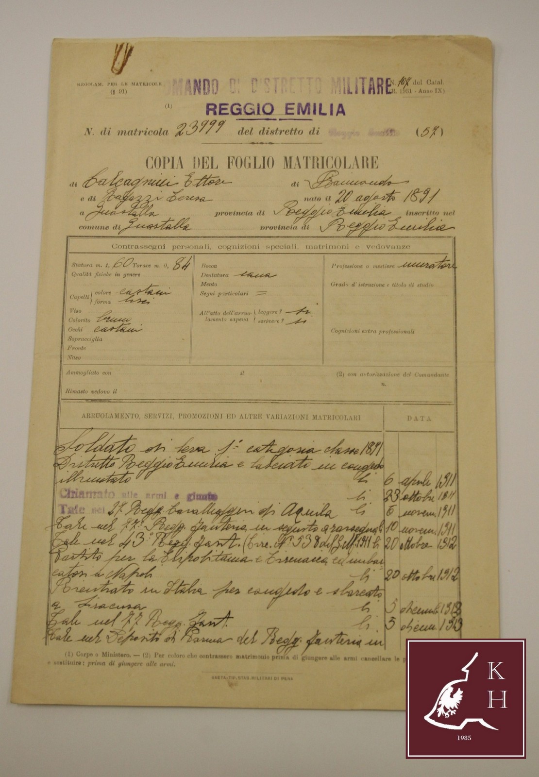 FOGLIO MATRICOLARE REGIO ESERCITO CLASSE 1891 REGGIO EMILIA - Karl Häuser